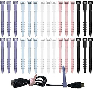 YVPSI 30pcs Silicone Zip Ties Reusable Wire Ties Cord Rubber Cable Ties Straps Elastic Cable Organizer Straps Silicone Cord Organizer Straps for Cords Wire USB Charge Management Travel Home Office