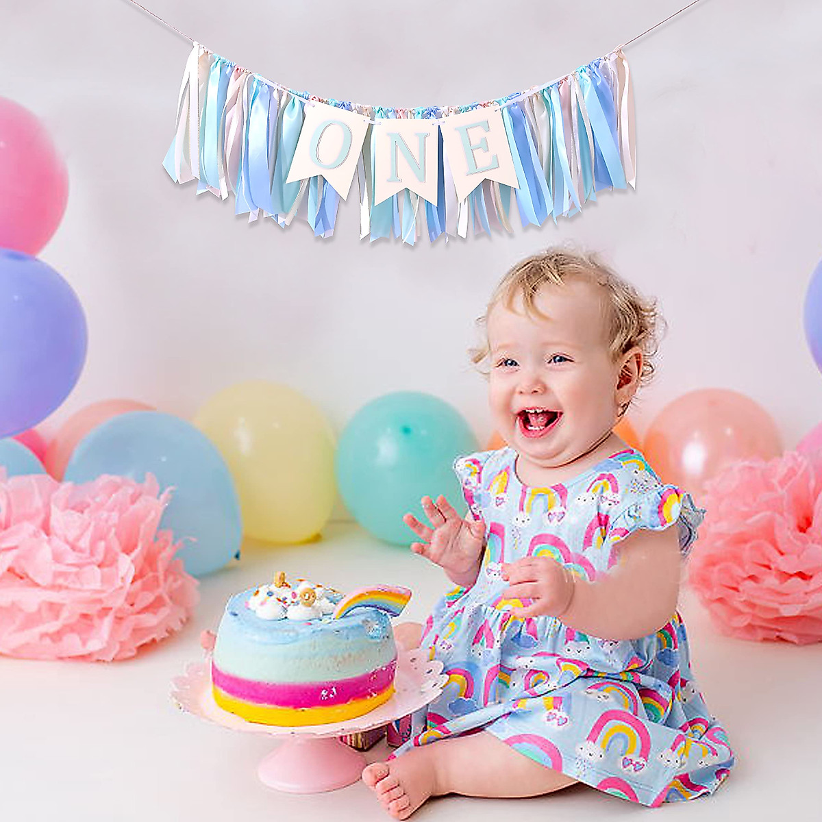Blue and Green 1st Birthday Banner - Highchair Banner 1st Birthday Boy , Greenery Party Decorations , First Birthday Decorations for Kids , Baby Birthday Party Photo Props(Blue and Green Banner)