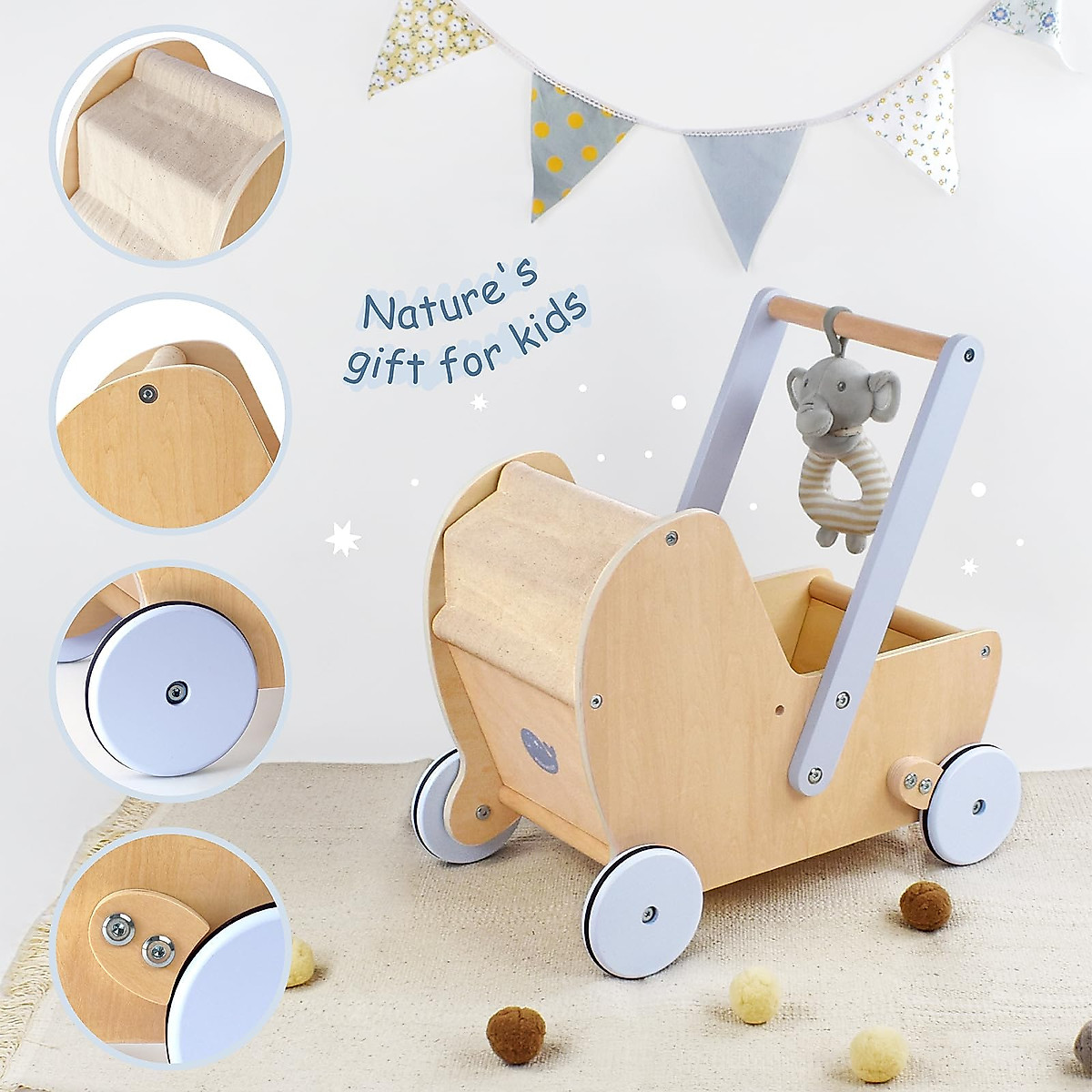 Pillowhale Wooden Baby Doll Pram Stroller,Wooden Baby Walker Push and Pull Doll Stroller,Baby Wooden Toy Stroller for Toddler Boys Girls 18 Months and Up