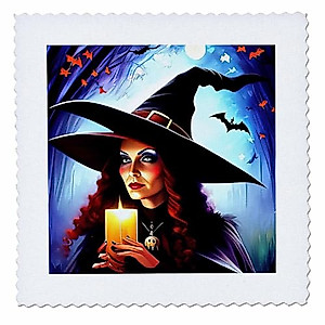 3dRose Beautiful Witch with a Burning Candle in The Forest. Halloween... - Quilt Squares (qs-378838-2)