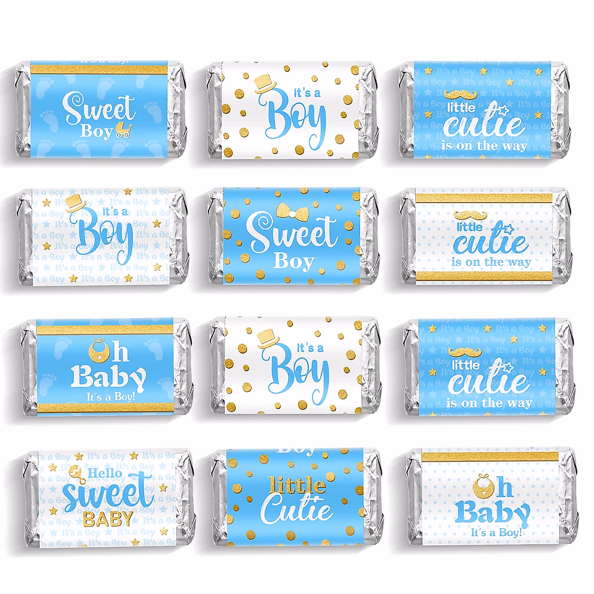 Baby Shower Candy Wrappers, Shower Mini Candy Bar Miniatures Wrappers Chocolate Bar Label Stickers for Boys Girls Kids Baby Shower Decor (No Candy)(Blue Boy Style, 90 Pieces)
