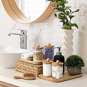 6 Pack Qtip Holder Dispenser Set with Bamboo Lids, Bathroom Canister Accessories, Storage Organizer, Clear Plastic Apothecary Jar for Cotton Ball, Swab, Pads, Floss, Vanity Makeup Organiztion - 10oz