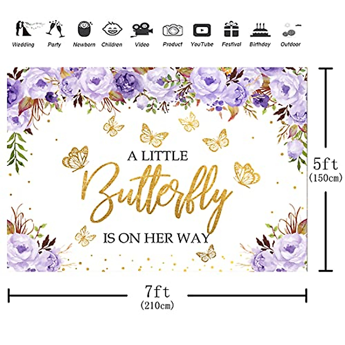 Aperturee A Little Butterfly is On The Way Baby Shower Backdrop 7x5ft Purple Floral Gold Dots Girls Princess Photography Background Party Decoration Supplies Cake Table Banner Photo Booth Props