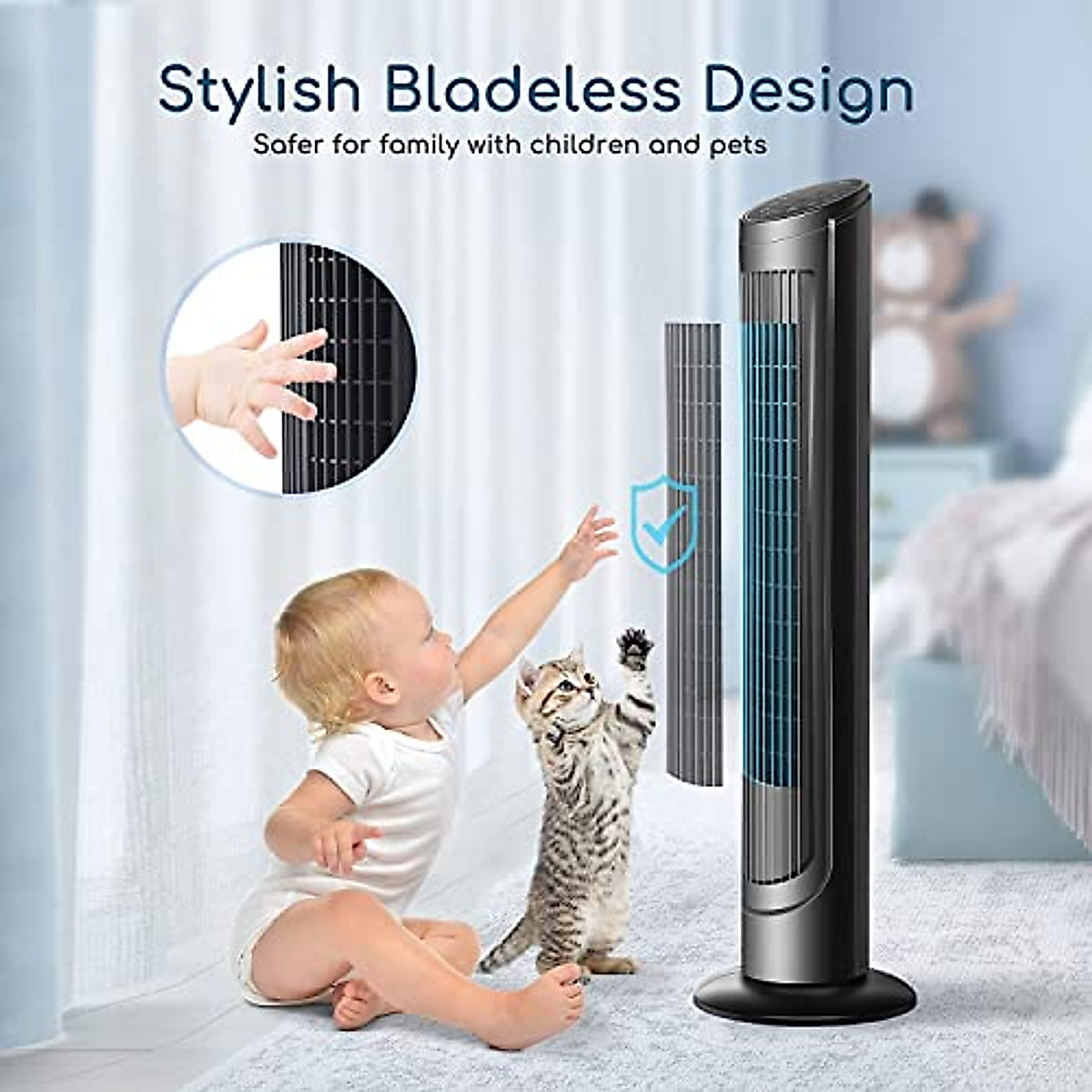 Tower Fan, 40“ Oscillating Tower Fan with Remote Control, Electric Quiet Cooling Bladeless Fan 3 Wind Modes & Speeds, 7.5H Timer, Standing Floor Fan Portable for Home Bedroom Office, Black, Windy