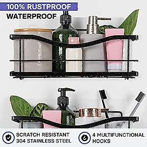 KINCMAX Shower Caddy, Stainless Steel, Adhesive Wall Mount Drill-Free Baskets with Hooks (Matte Black)