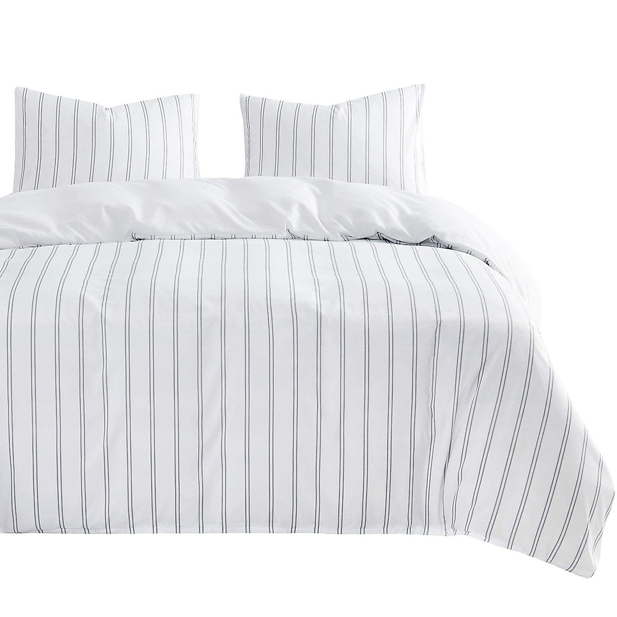 Wake In Cloud - Striped Comforter Set, Ticking Stripe Vertical Pinstripe Neutral Farmhouse Pattern Printed, Soft Lightweight Bedding, 3 Pieces, Gray White, Queen Size