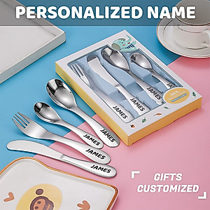KEAECIZ Personalized Children's Cutlery 4 Pieces Set,Custom Name Engraved Spoon Knife Fork Set,Children's Stainless Steel Flatware Set for Kitchen Kids Birthday Gift with Gift Box