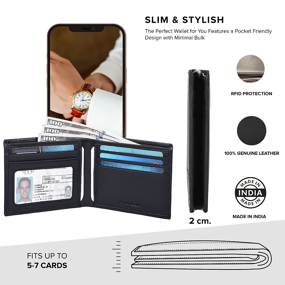 Mens slim Wallets | Billfold | 1 ID Windows | Black | Multiple Credit Card slots | Gifts for men | Soft genuine leather