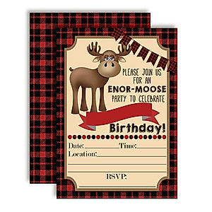 Rustic Red & Black Plaid Flannel Print Moose Birthday Party Invitations, 20 5x7 Fill In Cards with Twenty White Envelopes by AmandaCreation