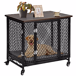 Aivituvin Dog Crate Furniture Movable Side End Table Indoor Dog Kennel for Small Medium Large Dogs Double-Doors Wooden Dog House with Cushion, Tray, Wire Floor(27.2")