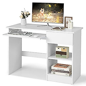 JIMUOO Home Office Desk w/Drawer, Wooden Storage Computer Desk with Keyboard Tray & Adjustable Shelves, Executive Table Makeup Vanity Table Desk for Bedroom, Small Space, White