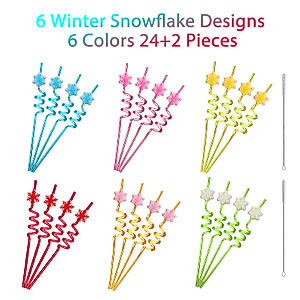 24 Reusable Snowflake Straws for Snowflake Winter Party Supplies Favors Wonderland Frozen Birthday - Christmas Gift with 2 Cleaning Brushes