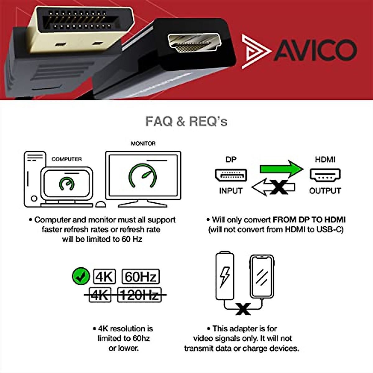 Avico DisplayPort 1.2 to HDMI 2.0 Adapter – 4K 60hz HDR – 2K 144hz – 1080P 240hz – 6ft Cable – for Monitors, TVs, PCs, MacBooks, Projectors
