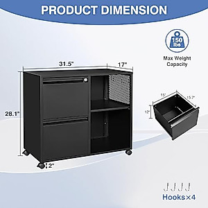 LISSIMO Lateral File Cabinet,2 Drawer Mobile Storage Cabinet with Lock fits A4 or Letter Size for Home Office,Rolling Printer Stand with Open Storage Adjustabl Shelves(Black)