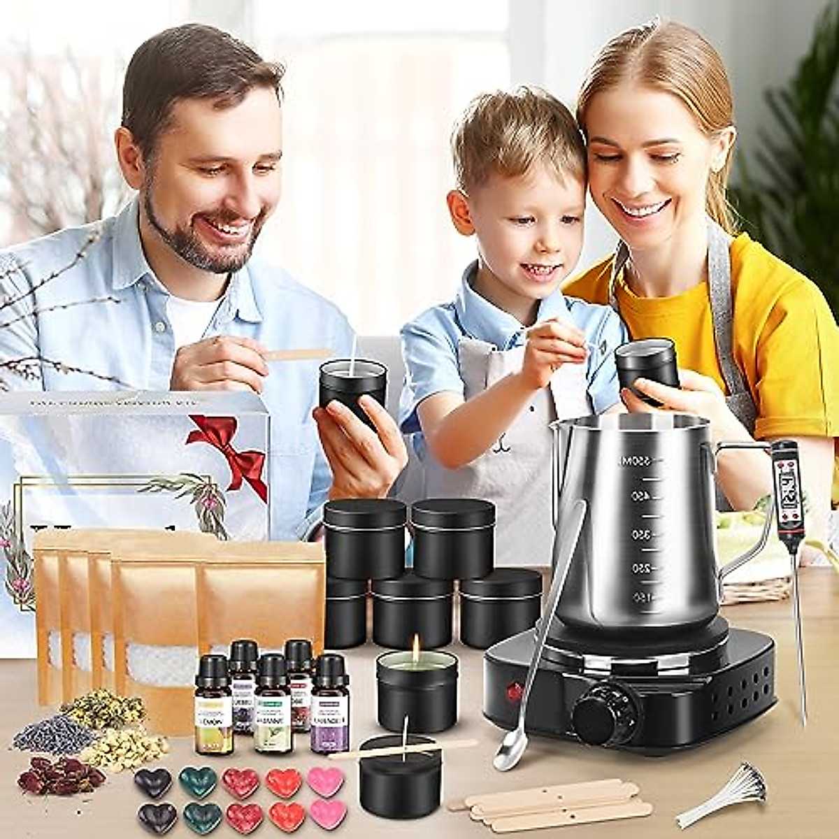 Complete Candle Making Kit with Wax Melter, Making Supplies,DIY Arts&Crafts Gift for Kids,Beginners,Adults,Including 500w Electronic Stove,Wicks,Rich Scents,Dyes,Melting Pot,Candle tins