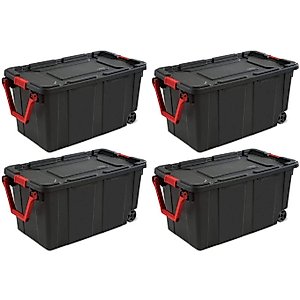 STERILITE 14699002 40 Gallon/151 Liter Wheeled Industrial Tote, Black Lid & Base w/Racer Red Handle & Latches, 4 Pack