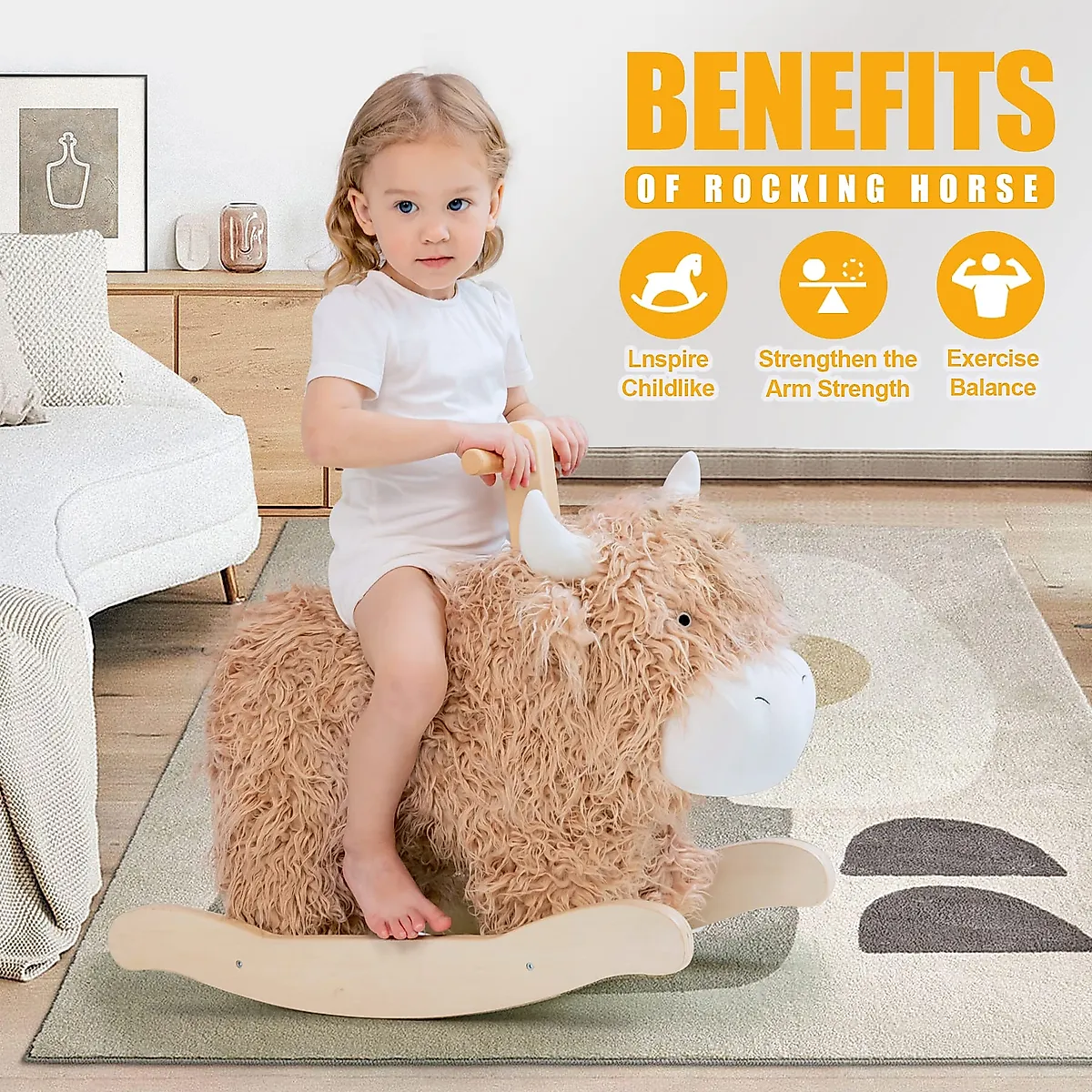 Baby Rocking Horse for 1 Year Old,Wooden Cow/Yak Horse Rocking with Wicker Plush Wooden Ride On Toy for 2 Years Old Girl&Boy Nursery Birthday Gift
