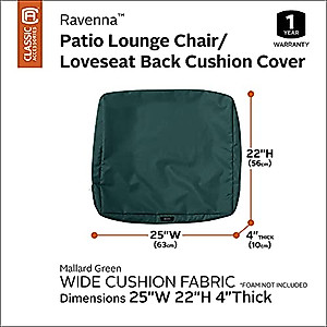 Classic Accessories Ravenna Water-Resistant 25 x 22 x 4 Inch Outdoor Back Cushion Slip Cover, Patio Furniture Cushion Cover, Mallard Green, Patio Furniture Cushion Covers