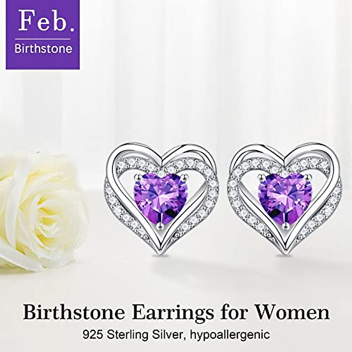 Iefil Earrings for Women, 925 Sterling Silver February Birthstone Purple Amethyst Heart Stud Earrings for Women Wife Mothers Day Anniversary Valentines Day Birthday Gifts for Women Jewelry