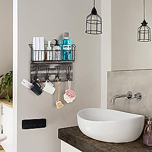 J JACKCUBE DESIGN Wall Mount Rustic Wood Entryway Storage Shelf with 4 Hooks, Coat Rack and Black Metal Wire Basket, Hanging Organizer for Mail and Key - MK522A