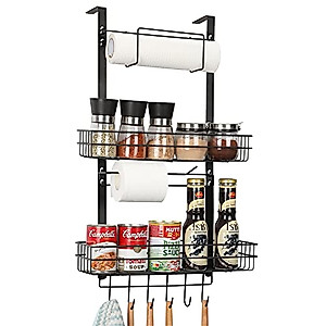 Nandae Fridge Spice Rack Organizer, Refrigerator Side Shelf Storage with Paper Towel Holder 2 Baskets & 6 Hooks Kitchen Rack for Refrigerator Washing Machine, Black