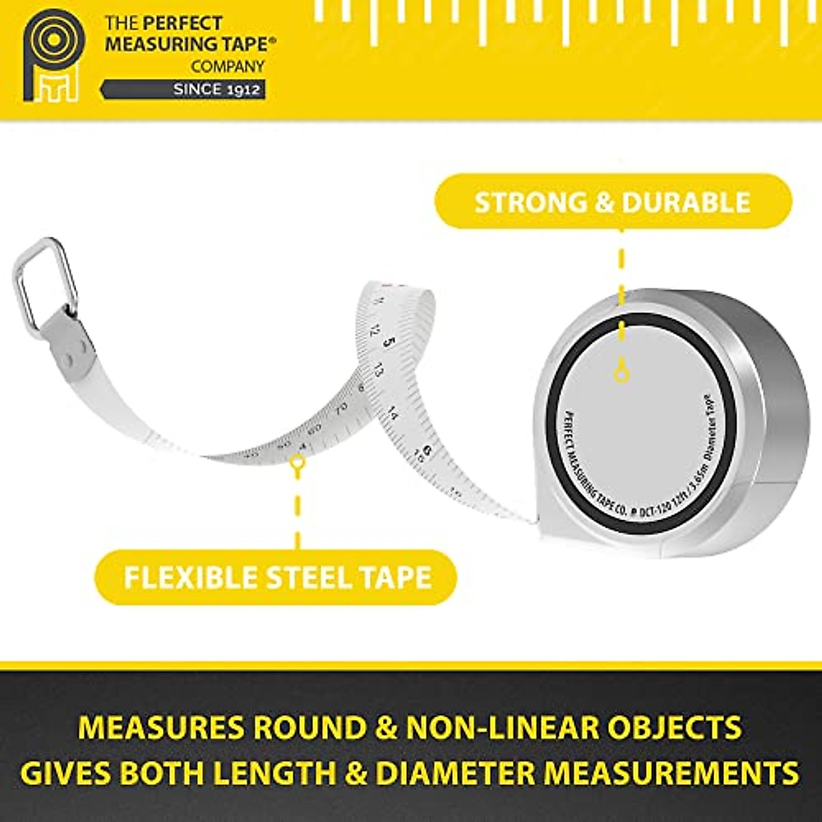 Perfect Pi Diameter Circumference Tape Measure - Imperial and Metric Tape Measure 1/2-inch by 12ft / 3.5m Use for Measuring Cylindrical Objects (Pipe Tape, Tree Tape) Model DCT120