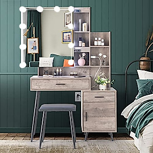 3-color Lighted Mirror Cabinet with Stool - Vanity Desk and Cushioned Chair - Sliding Mirror Makeup Desk - 2 Drawers 1 Door Cabinet 2 Shelves - Charging Station - Screen Touch Switch - Retro Grey