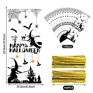 Zonon 140 Pieces Halloween Treat Bags Halloween Bags Plastic Goodie Bags Bulk Clear Candy Cellophane Bags with 150 Pieces Twist Ties for Halloween Party Favor Supplies