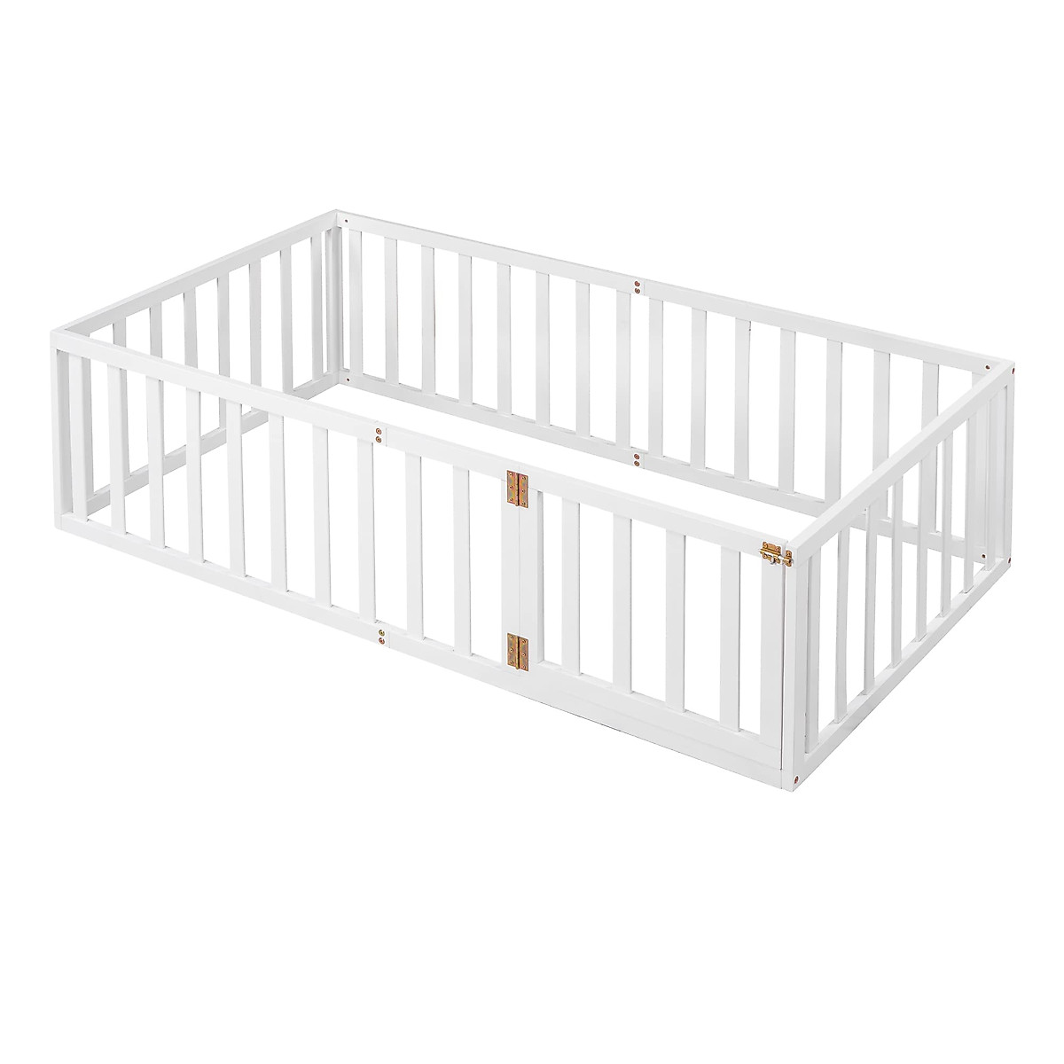 P PURLOVE Twin Size Floor Bed Frame for Kids, Wood Montessori Floor Beds with Fence Rail for Boys Girls,(White,Twin Bed