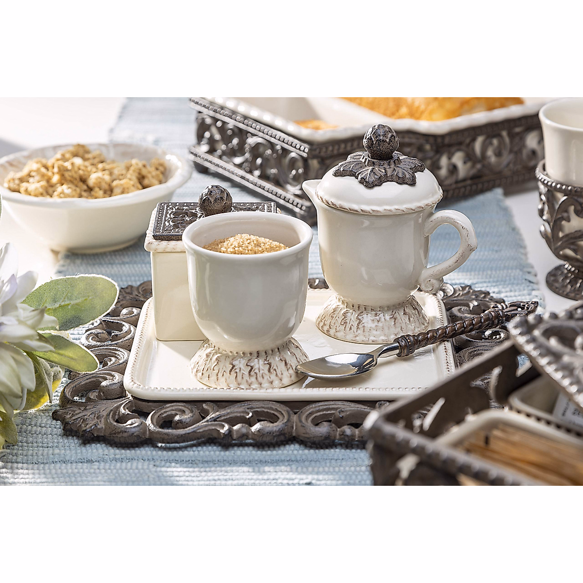 Acanthus Leaf Sugar And Creamer Set with Sweetener Box on Tea Tray (Set of 4)
