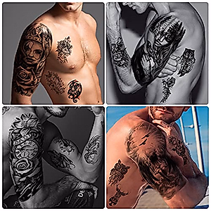 46 sheets Full Arm Skull Temporary Tattoos For Men Half Arm Shoulder Angel Tattoo for Ladies Fake Waterproof Wolf Lion Stone Tattoo Stickers For Adult or Kids