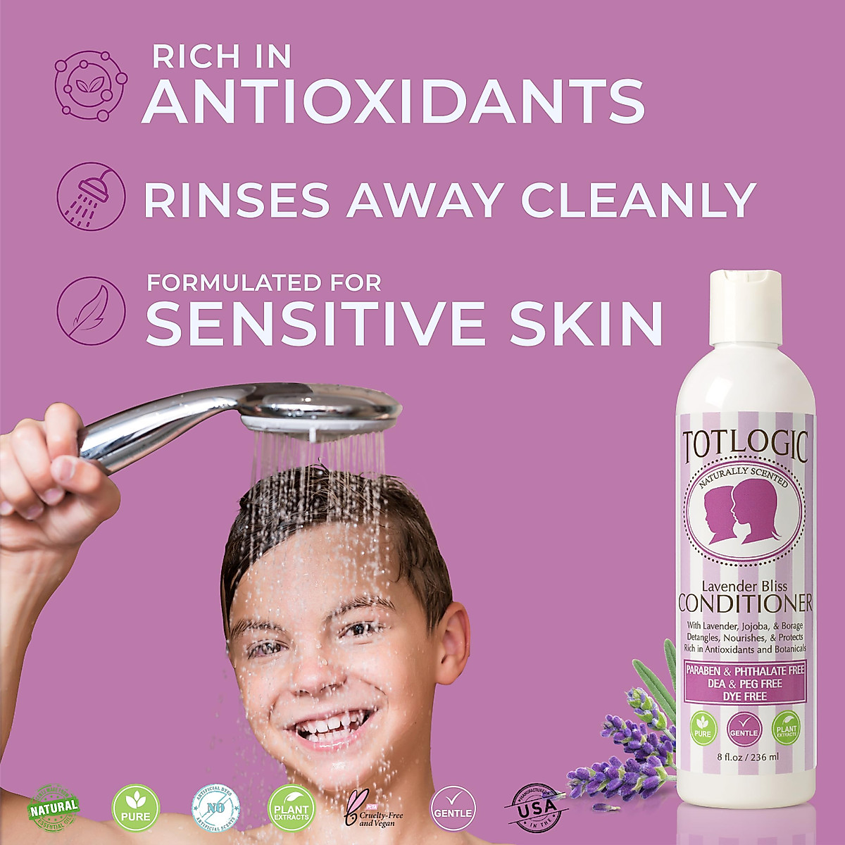 TotLogic Kids & Baby Safe Conditioner - 8 oz, Lavender Bliss, Infused with Natural Jojoba Oil and Rich in Antioxidants to Detangler Hair, No Phthalates, Parabens or Sulfates