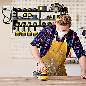 Spaclear Power Tool Organizer with Charging Station,3 Layer Holders Heavy Duty Metal Power Tool Storage Rack with 8 Drill Holders, Garage Tool Organizer and Storage with 8 Outlet Power Strip