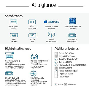 HP 15.6in FHD, Celeron N4020, 4GB RAM, 128GB SSD, Windows 10 Home in S Mode, Free one Year Microsoft Office, EROSEFLAMINGO Accessories, 15-dw1001wm