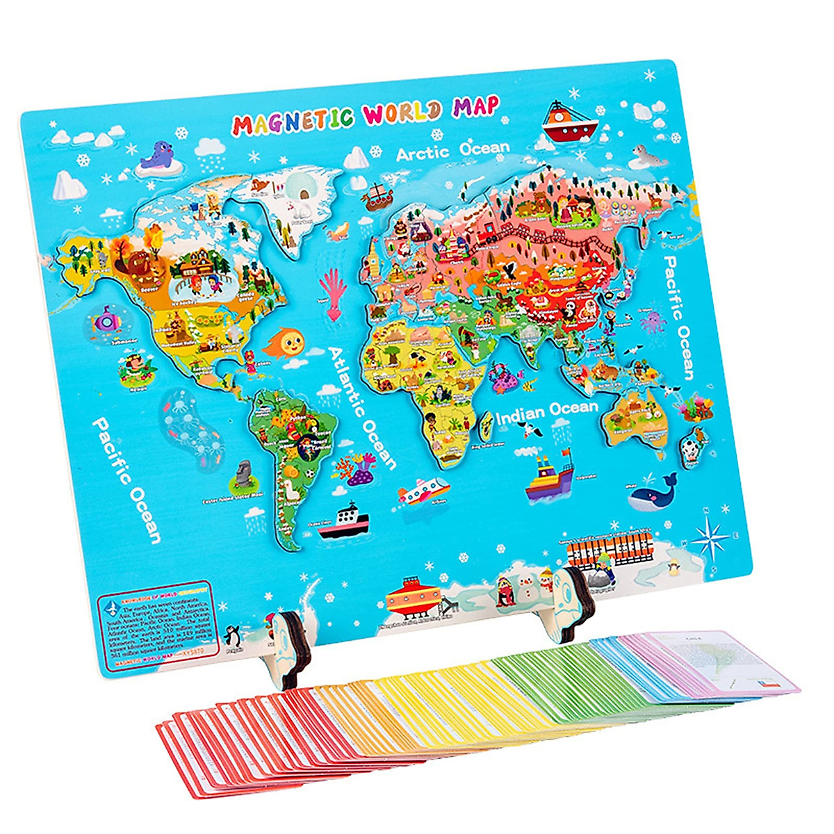 ExBePe Genuine Magnetic Wooden World Map Puzzle,92 Country Flash Cards,National Flags Introduction,Preschool Learning Education Geography Toy for Kid Ages 3+