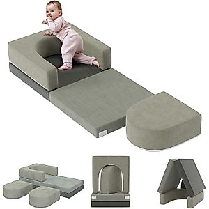Pelnuies Modular Kids Play Couch, 3 PCS Play Couch for Toddlers 1-3, Comfy Toddler Couch for Playing, Creativing, Sleeping, Convertible Baby Sofa Bed for Boys and Girls, Gray