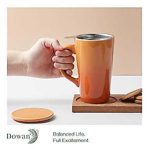 DOWAN Tea Cups with Infuser and Lid, 17 Ounces Large Tea infuser Mug, Tea Strainer Cup with Tea Bag Holder for Loose Tea, Ceramic Tea Steeping Mug, Orange Color Changing