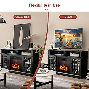 COSTWAY Electric Fireplace TV Stand for TVs Up to 55 Inches, 18-Inch Fireplace Insert with Remote, Overheat Protection, 48-Inch Wooden Media Entertainment Center with Adjustable Shelves, Black