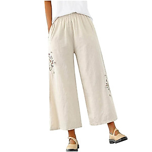 Todays Deals Sale Clearance fold Over Yoga Pants for Women Cotton Linen Pants for Women Embroideried Capri Palazzo Pants Wide-Leg Pants Plus Size Baggy Slacks Trousers Beige 2XL