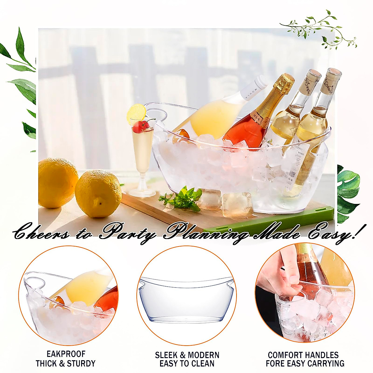 Barafat Ice Buckets for Parties (5.5L)& Ice Bucket Scoop, Clear Acrylic Champagne Bucket, Drinks Beverage Tub for Cocktail Bar, Wine, Beer, Soda
