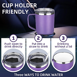 20 oz Insulated Coffee Mug with Ceramic Coating, Stainless Steel Travel Mug Tumbler with Handle Lid and Straw, Double Wall Leak-Proof Thermos Coffee Travel Mug Keeps Drink Hot and Cold (Purple)