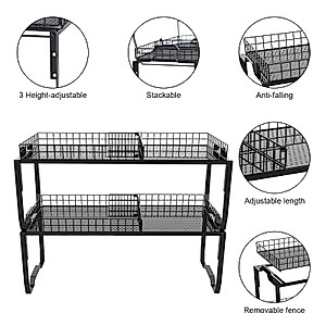 JKsmart Expandable Cabinet Shelf Organizers, Stackable Kitchen Countertop Shelves with Removable Fence, Cupboard Stand Storage Shelves Height and Length Adjustable, 2-tier Spice Rack