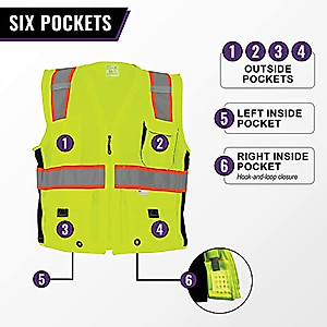Global Glove Safety Vest with 6 Pockets and Zipper Front, High Visibility, Lightweight and Breathable Mesh, ANSI Class 2 Compliant, X-Large