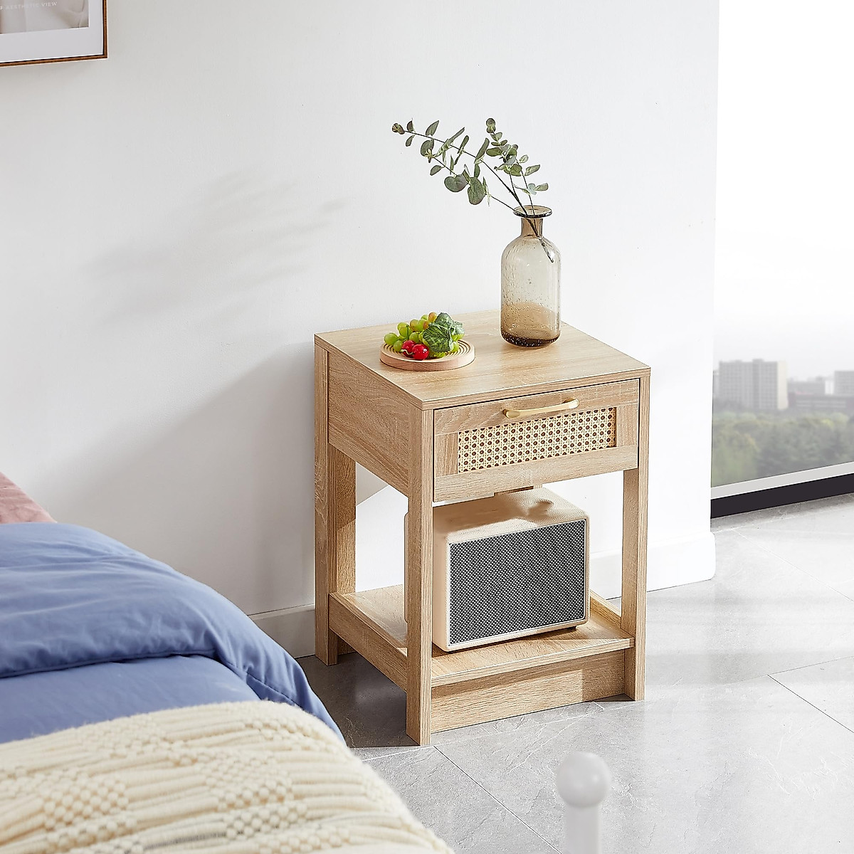 LKJYBG 15.75" Rattan Night Stands with Drawer Bedside End Table for Small Space (15.75 "L x 15.75 "W x 21.65 "H) Natural One Size