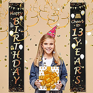 2 Pieces Happy 13th Birthday Door Banner Backdrop Decoration Cheers to 13th Birthday Black & Gold Hanging Porch Sign Happy Birthday Home Door Banner 13th Birthday Party Supplies, 71 x 12 Inch