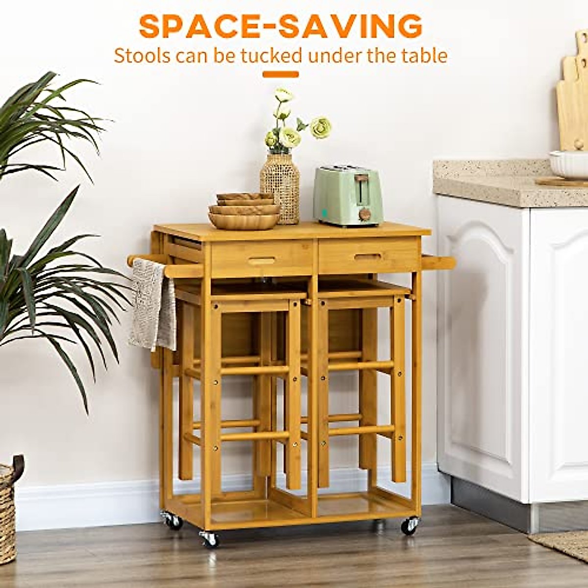 HOMCOM Foldable Dining Table Set with 2 Square Stools and 2 Drawers, Bamboo Drop Leaf Breakfast Cart, Mobile Kitchen Island Trolley Cart on Wheels, Brown