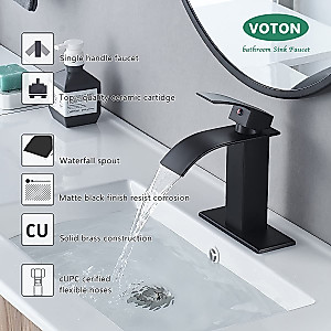 VOTON Black Bathroom Faucets Modern Waterfall Bathroom Sink Faucet Matte Black Single Handle Bathroom Faucet for 1 or 3 Holes with Deck Plate, Rv Sink Camper Farmhouse Bathroom Utility Remodel Faucet