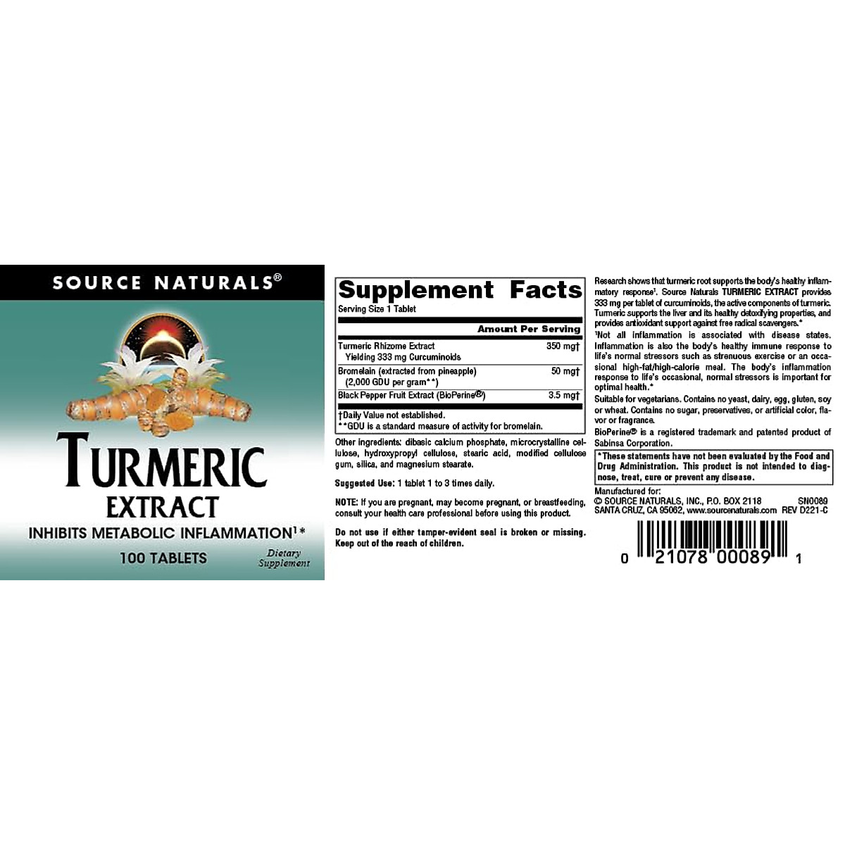 Source Naturals Turmeric Extract - Supports Healthy Inflammatory Response* - 100 Tablets