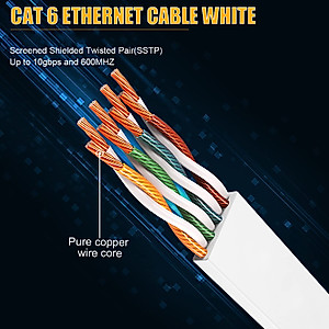 Aoforz Cat 6 Ethernet Cable 100 ft,High Speed Flat White Cat 6 Internet Network Patch Cord,Long Ethernet Cable with Snagless Rj45 Connectors and Cable Clips-(100 Feet)