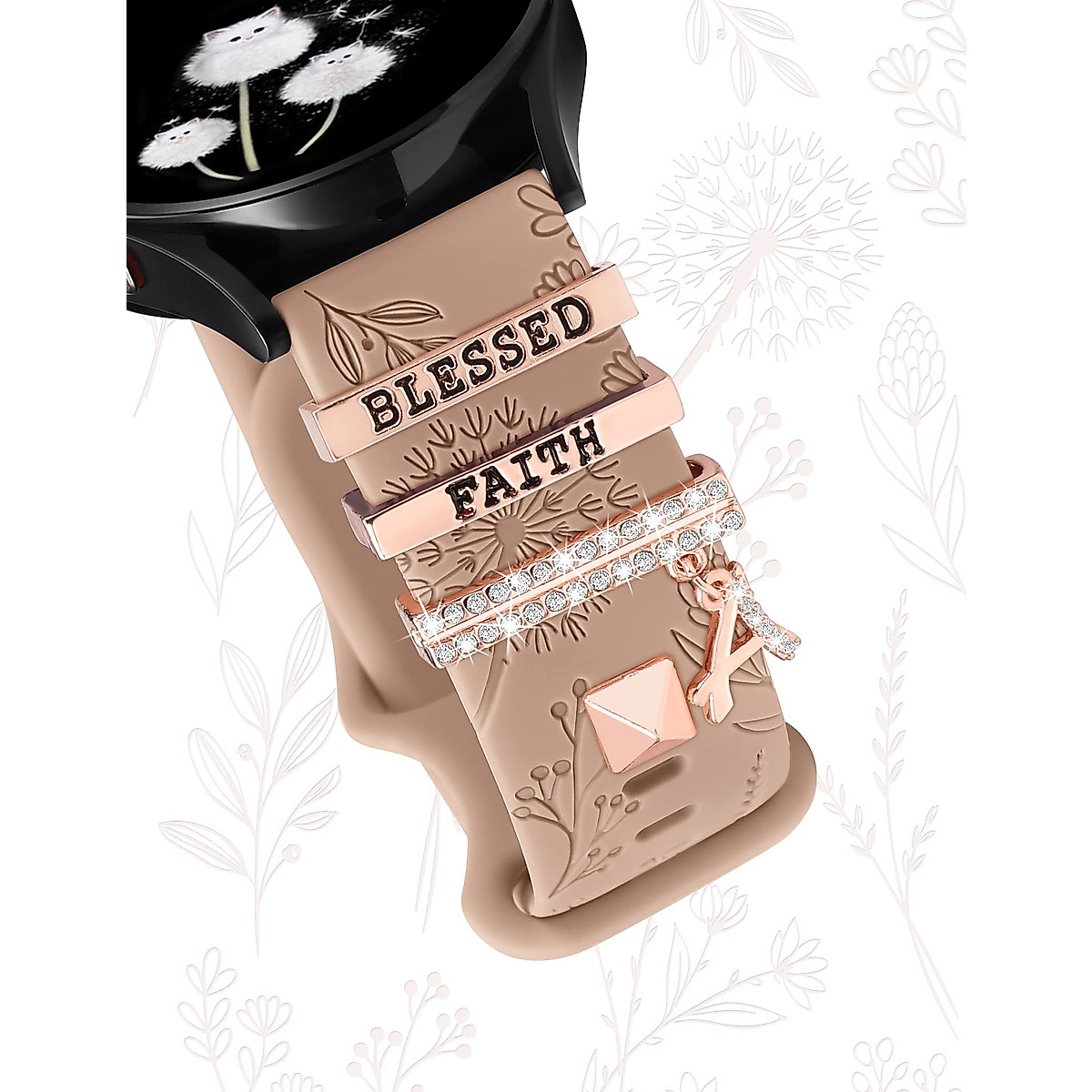 W-RARA Glamorous Decorative Ring Loops Watch Band, Compatible with Samsung Galaxy Watch 5 & 4, Stainless Steel, 20mm Lug Width, 42mm-46mm Case Size